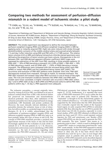 PDF Comparing Two Methods For Assessment Of Perfusion Diffusion Mismatch In A Rodent Model Of