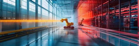 Industrial Robot Arm In A Futuristic Factory With Bright Orange Laser