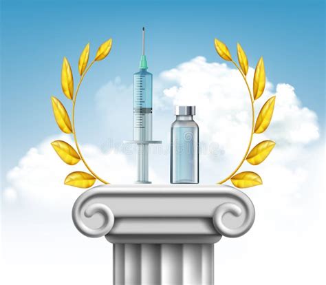 Injectiespuit En Injectieflacon Met Vaccin Op Het Podium Met Een Gouden