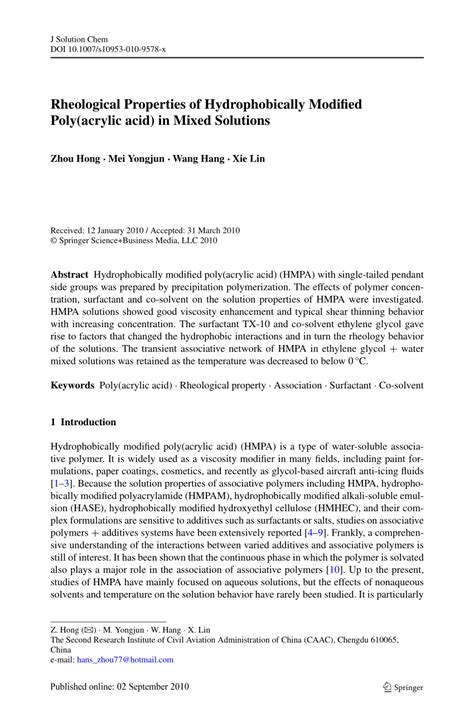 Pdf Rheological Properties Of Hydrophobically Modified Polyacrylic Acid In Mixed Solutions