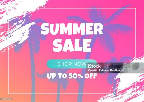 분홍색 야자수 실루엣의 벡터 그림은 나뭇잎이 있는 무성한 열대 배경에 설정되어 있습니다 여름 세일 프로모션 전단지 포스터 카드 그런지 디자인 세일 배너 지금 쇼핑하기 재미에