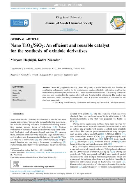 pdf nano tio2 sio2 an efficient and reusable catalyst for the synthesis of oxindole derivatives