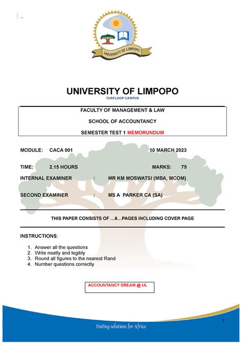 CACA001 TEST 1 MEMO 2023 After Moderation Keko UNIVERSITY OF