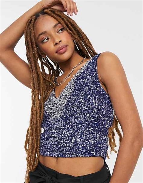 Lace And Beads Embellished Crop Top In Navy Asos