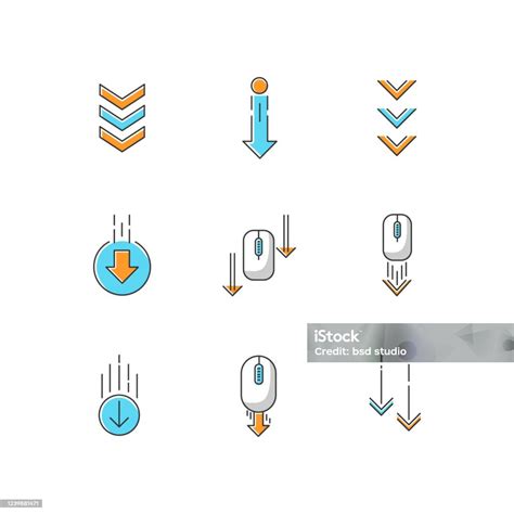 화살표 아래로 스크롤 Rgb 색상 아이콘 설정 원 버튼의 컴퓨터 마우스 및 화살촉 인터넷 페이지 검색 및 다운로드 지표 웹 커서 Pc 요소입니다 격리된 벡터 일러스트레이션