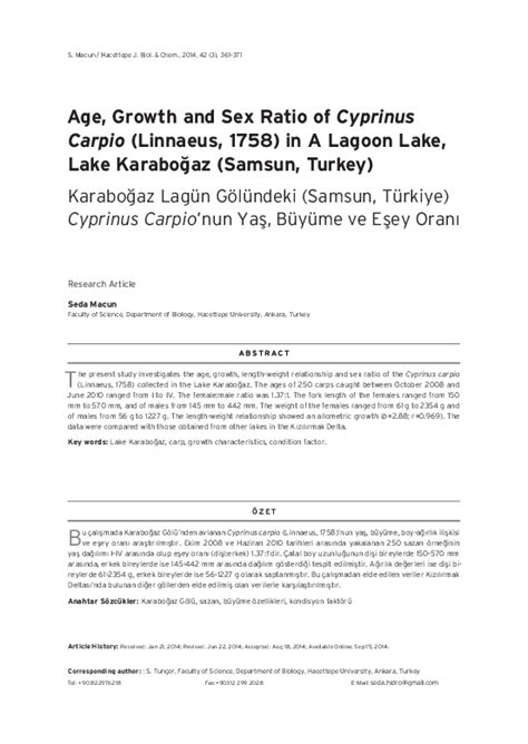 Pdf Age Growth And Sex Ratio Of Cyprinus Carpio Linnaeus 1758 In