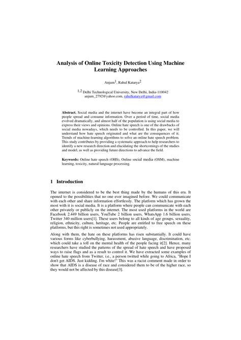 Pdf Analysis Of Online Toxicity Detection Using Machine Learning Approaches