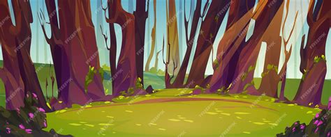 숲 숲 사이의 빈 터 만화 자연 배경 풍경 무료 벡터