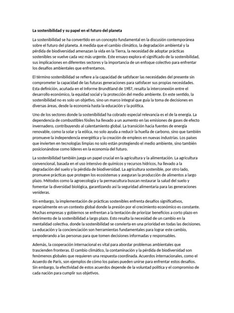 La Sostenibilidad Y Su Papel En El Futuro Del Planeta Pdf