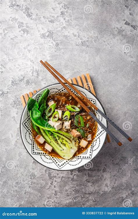 Vegan Miso Soup With Vegetables Tofu And Shiitake Mushrooms Stock