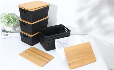 Eoenvivs Storage Bins With Lids 6 Packs Plastic Storage Baskets With Bamboo Lids