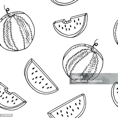 수박 이음새가 없는 무늬 낙서 스타일로 손으로 그린 벡터 일러스트레이션 미니멀리즘 벽지 섬유 포장지 배경 육즙이 많고 신선하며 과일 여름 음식 건강한 식생활에 대한 스톡