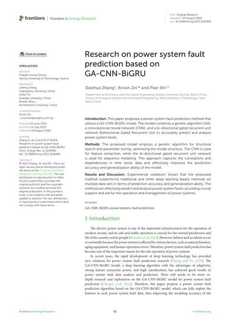 Pdf Research On Power System Fault Prediction Based On Ga Cnn Bigru