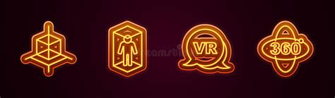 Set Line 3d Modeling Virtual Reality And 360 Degree View Glowing Neon Icon Vector Stock