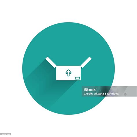 긴 그림자로 격리 된 트래픽 기호 아이콘흰색 골판지 상자입니다 상자 포장 소포 기호 배송 운송 및 배송 녹색 원 버튼입니다 벡터 일러스트레이션 나무 상자에 대한 스톡 벡터