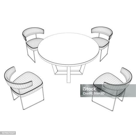 와이어프레임 의자가 테이블 주위에 서 있습니다 원근보기입니다 3d 벡터 일러스트레이션 와이어 프레임 모델에 대한 스톡 벡터 아트