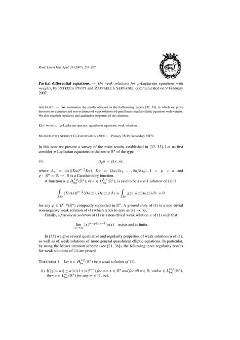 Pdf On Weak Solutions For P Laplacian Equations With Weights