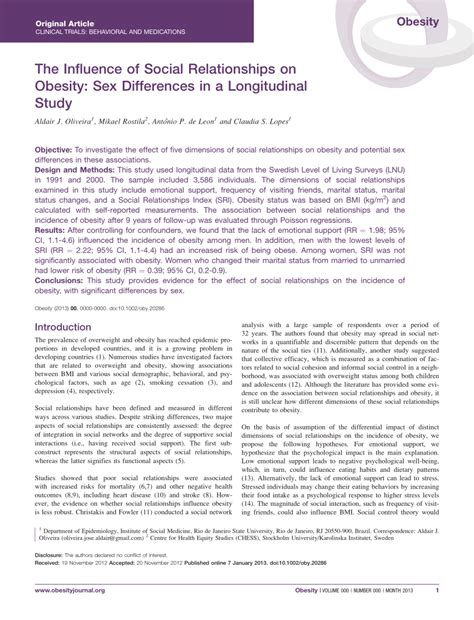 Pdf The Influence Of Social Relationships On Obesity Sex Differences