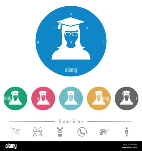 Graduate Female Avatar Flat White Icons On Round Color Backgrounds 6 Bonus Icons Included Stock