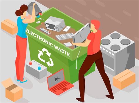 전자 폐기물 기호 아이소 메트릭 배터리 재활용 배경 프리미엄 벡터