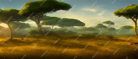 Premium Vector African Savanna Grass Acacia Trees And River Realistic