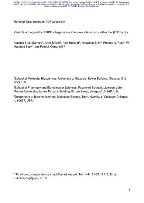 Pdf Variable Orthogonality Of Rdf Large Serine Integrase Interactions