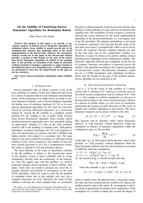 PDF On The Stability Of Closed Loop Inverse Kinematics Algorithms For