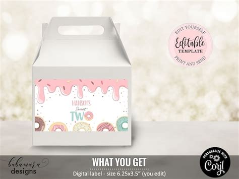Editable Sweet Donut Gable Box Label Pastel Doughnuts Birthday Gift Box Label Two Sweet Any