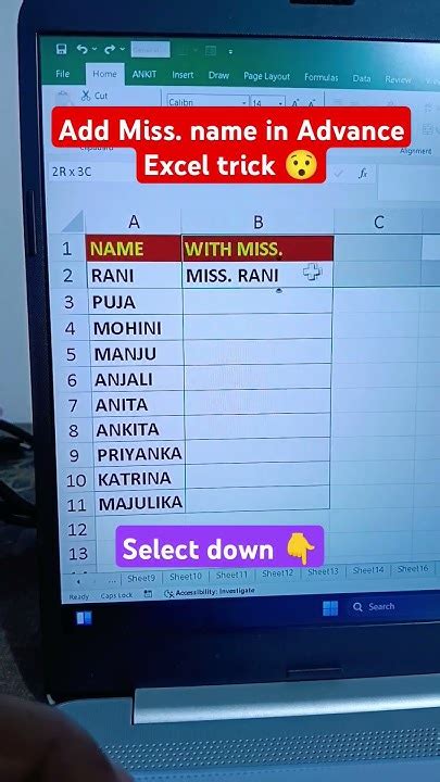 How To Add Miss With Name In Ms Excel 😯excel Shorts Microexcel Exceltricks Exceltips
