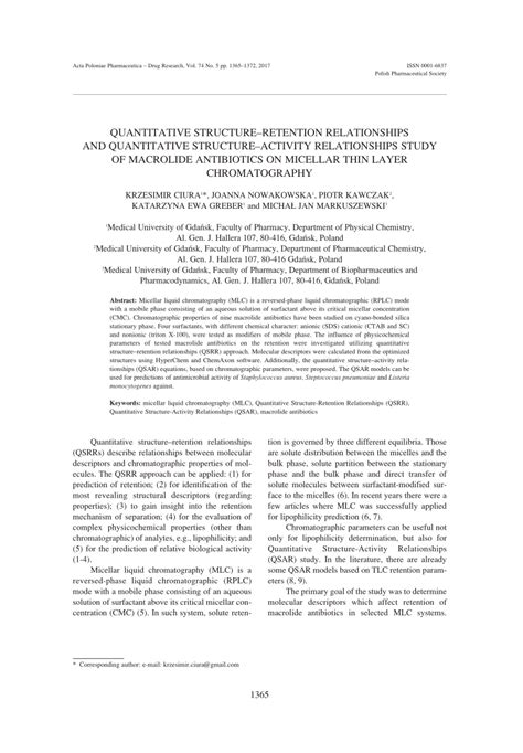 Pdf Quantitative Structureñretention Relationships And Quantitative Structureñactivity