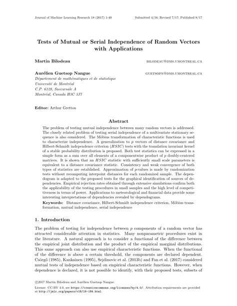 Pdf Tests Of Mutual Or Serial Independence Of Random Vectors With