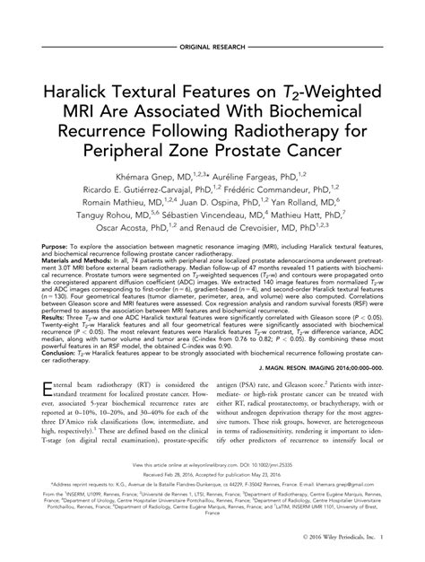 Pdf Haralick Textural Features On T2 Weighted Mri Are Associated With