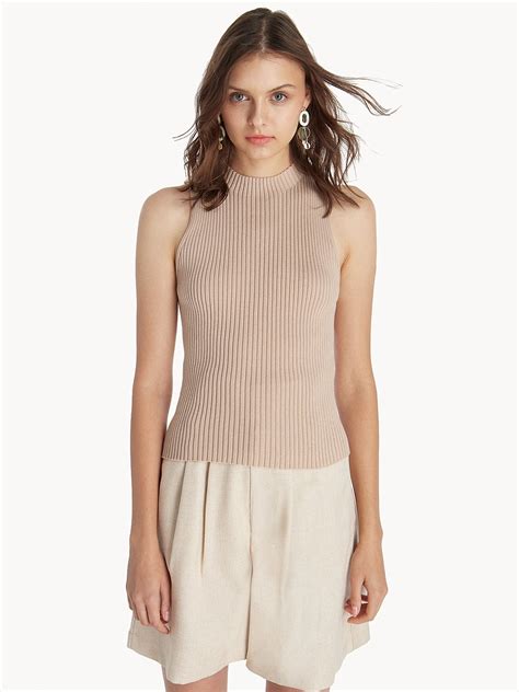 Mock Neck Ribbed Top Beige Pomelo Fashion