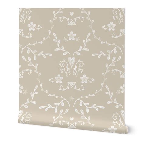 Soft Block Print Damask Taupe Wallpaper Spoonflower