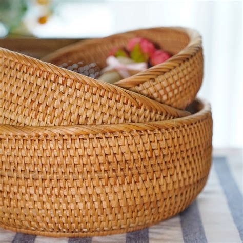 Badu Bg Поднос за съхранение с дървена дръжка Ръчно тъкана ратанова кръгла плетена кошница Хляб