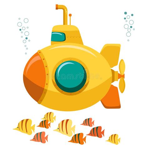 Submarino Amarelo Sob O Mar Peixes Projeto Liso Vetor Ilustração