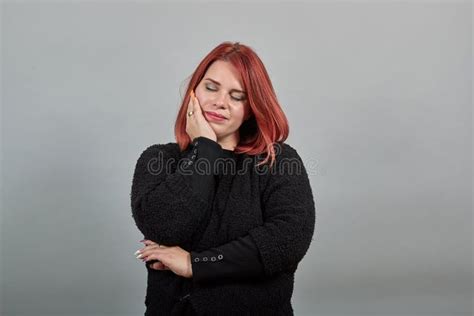 Young Redhead Fat Lady In Black Sweater Gentle Woman Gently Touches