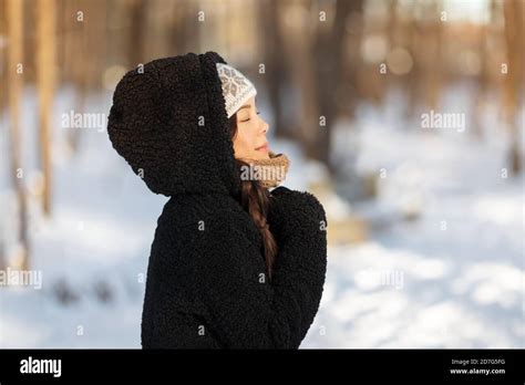 Winter Happy Woman Relaxing Breathing Cold Air Outside Young People
