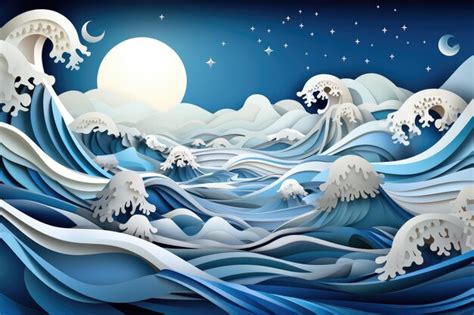 Sea Waves Moon And Stars In Paper Cut Style Night Landscape Generative