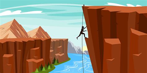 Ilustrasi Vektor Pendaki Di Ngarai Pemandangan Pegunungan Kartun Dengan