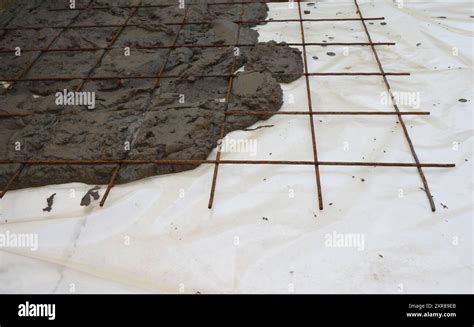 Close Up On Welded Wire Fabric In Concrete Floor Slab Reinforcing Bar Mesh Installed