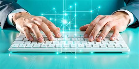 Hands On Glossy Keyboard With Abstract Background Concept As Hands Typing On A Glossy Keyboard