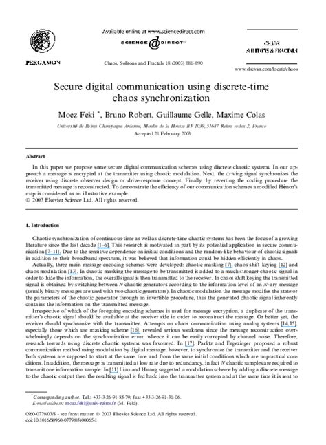 pdf secure digital communication using discrete time chaos synchronization bruno robert