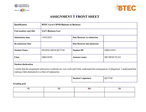 736 Gbs1005 Btec Assignment 1 Front Sheet Qualification Btec Level
