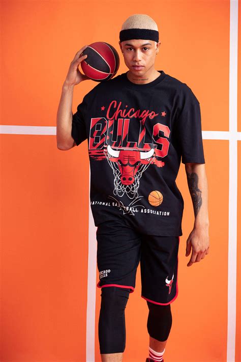 Siyah Erkek Defactofit Nba Chicago Bulls Oversize Fit Bisiklet Yaka