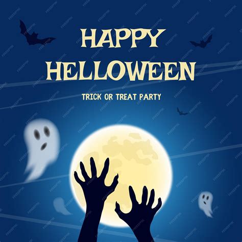 Premium Vector Happy Helloween Party Posters With The Full Moon Zombies Hands Flying Bats