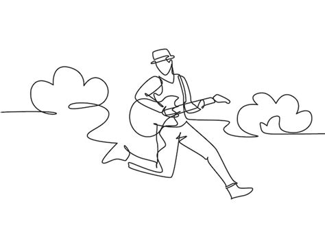 Dibujo De Una Sola Línea De Un Joven Guitarrista Enérgico Saltando Al