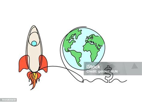 흰색 배경에 연속 선 그리기로 달러가 있는 추상 컬러 로켓 0명에 대한 스톡 벡터 아트 및 기타 이미지 0명 가방 개념 Istock