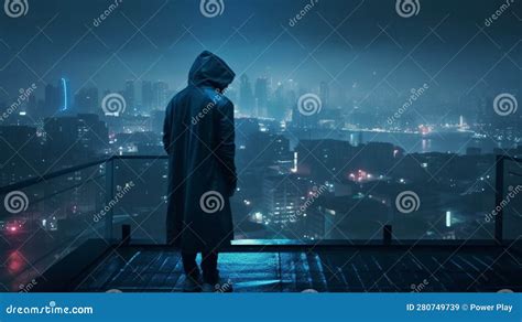 Hooded Hacker Standing On Illuminated City Background Hacking Concept