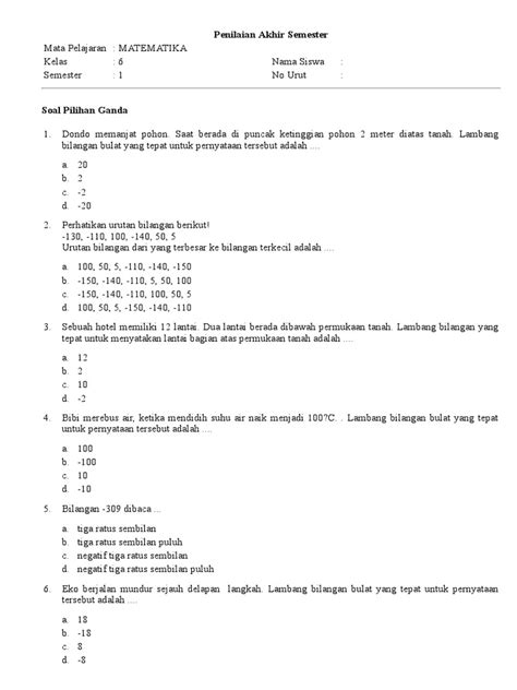 Soal Uas Mtk Kelas 6 Semester 2 Terbaru Pdf